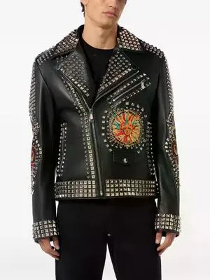 Philipp Plein Studded Embroidered Leather Jacket