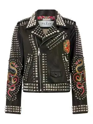 Philipp Plein Studded Embroidered Leather Jacket - Black