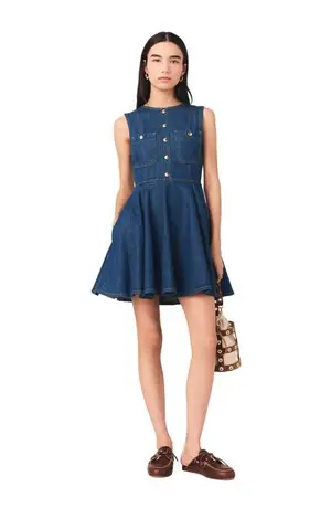 Maje Short Flared Denim Dress - Navy