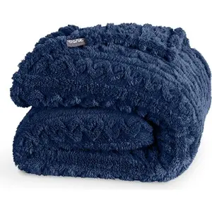 BARE HOME Cable Faux Shearling Blanket - Dark Blue