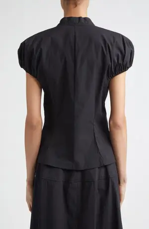 Lela Rose Cotton Poplin V-neck Button-up Shirt