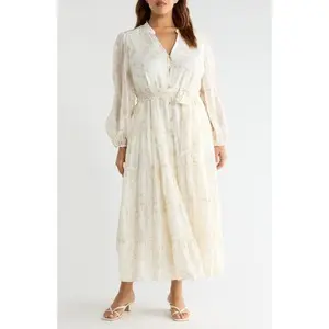 Vince Camuto Floral Long Sleeve Tiered Shirtdress - Camel