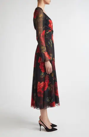 Carolina Herrera Rose Print Silk Chiffon Midi Dress