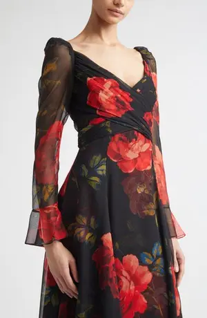 Carolina Herrera Rose Print Silk Chiffon Midi Dress