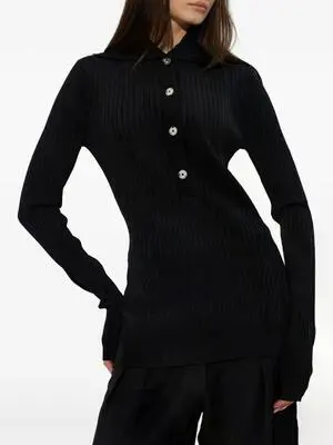 ENTIRE STUDIOS Ribbed Knit Button-up Polo Top - Black