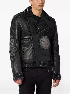 Philipp Plein Studs Embroidered Leather Biker Jacket