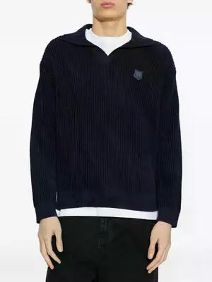 Maison Kitsuné Logo-embroidered V-neck Sweater - Blue