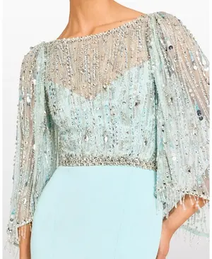 Jenny Packham Embellished Cape Effect Maxi Dress - Crystal Aqua