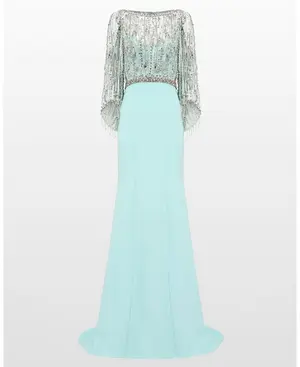Jenny Packham Embellished Cape Effect Maxi Dress - Crystal Aqua