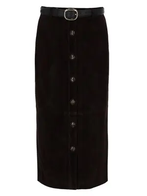 SELF-PORTRAIT Suede Midi Skirt - Brown