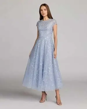 Mac Duggal Embroidered Tulle Midi Dress With Beaded Embellishments - Blue