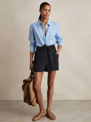 REISS Belted Button-tab Shorts - Navy