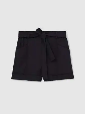 REISS Belted Button-tab Shorts - Navy