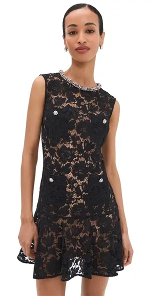 SELF-PORTRAIT Lace Mini Dress With Crystal Accents - Black