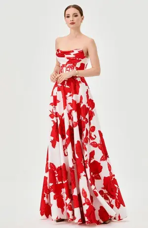 BARIANO Virginia Corset Strapless Gown - Red Print