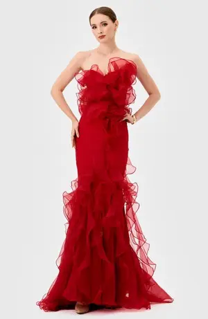 BARIANO Zita Strapless Ruffle Gown