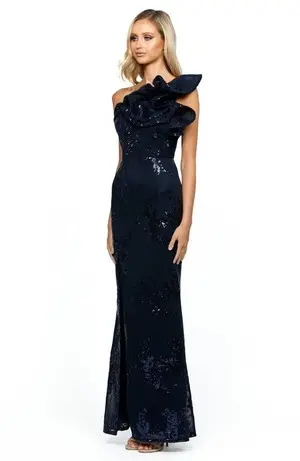 BARIANO Jessie One Shoulder Gown - Navy