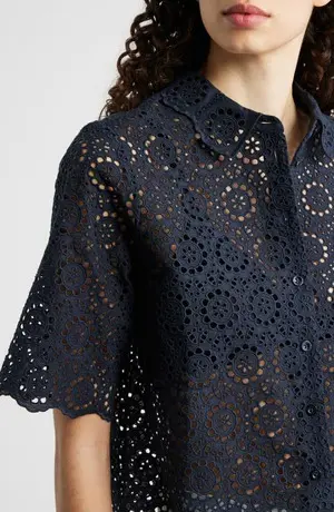 FRAME The Petal Eyelet Crop Shirt - Navy
