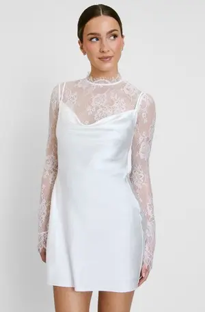 SIX STORIES Lace Sleeve Cowl Satin Mini Dress - White