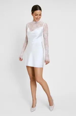 SIX STORIES Lace Sleeve Cowl Satin Mini Dress