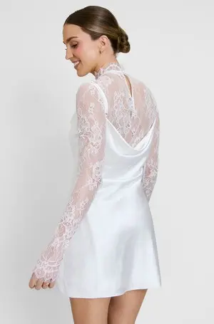 SIX STORIES Lace Sleeve Cowl Satin Mini Dress