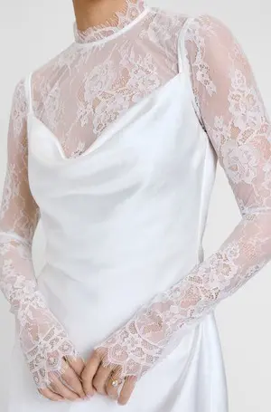 SIX STORIES Lace Sleeve Cowl Satin Mini Dress