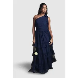 OASIS Pleated One Shoulder Tiered Maxi Dress - Navy