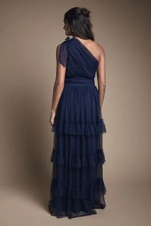 OASIS Pleated One Shoulder Tiered Maxi Dress - Navy