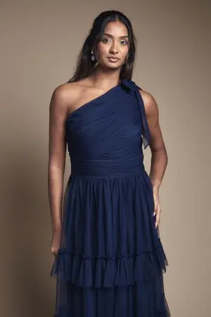 OASIS Pleated One Shoulder Tiered Maxi Dress - Navy