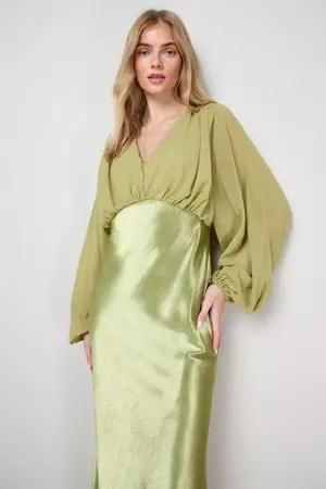 OASIS Satin Chiffon Mix V-neck Midi Dress With Balloon Sleeves