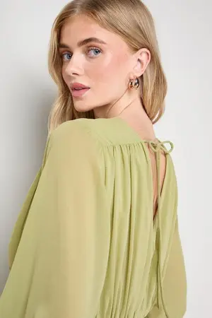 OASIS Satin Chiffon Mix V-neck Midi Dress With Balloon Sleeves