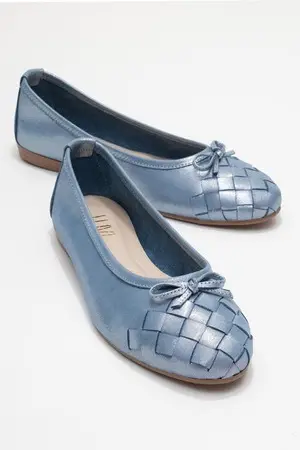 FOREVER & ALWAYS SHOES Nopos Leather Cap-toe Ballet Flat - Blue