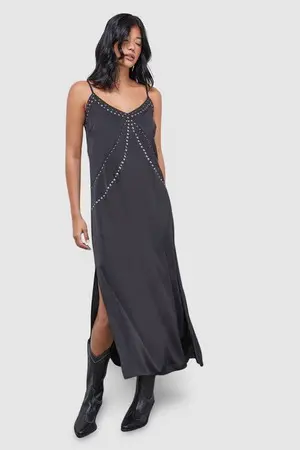 WAREHOUSE Embellished Studded V-neck Slip Dress - Black