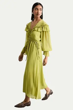 WAREHOUSE Ruffled V-neck Maxi Dress - Chartreuse