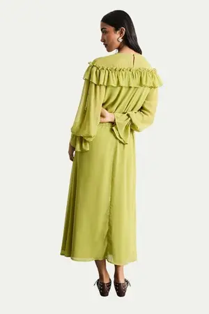 WAREHOUSE Ruffled V-neck Maxi Dress - Chartreuse