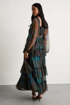 WAREHOUSE Abstract Print Tiered Maxi Dress