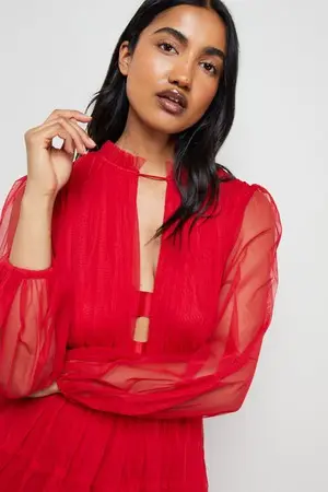 WAREHOUSE Ruffle Neck Tulle Maxi Dress