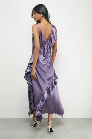 WAREHOUSE Metallic Satin Ruffle Midi Slip Dress