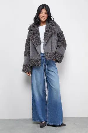 WAREHOUSE Faux Fur Mix Zip Through Jacket - Grey