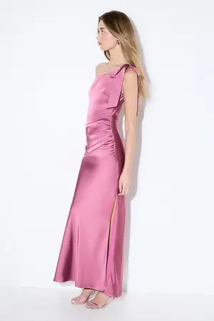MISSPAP Asymmetrical Bow Detail One Shoulder Maxi Dress - Berry