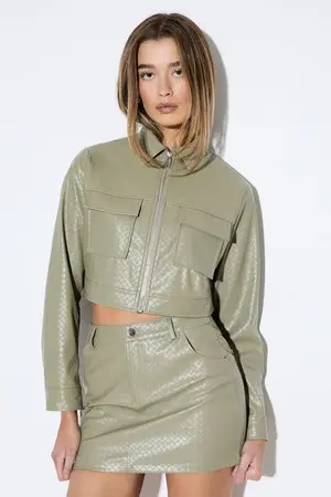 MISSPAP Woven Detail Faux Leather Cropped Jacket