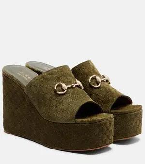 Gucci Horsebit Gg Suede Wedge Mules - Green