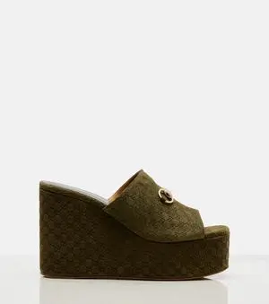 Gucci Horsebit Gg Suede Wedge Mules - Green