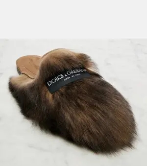 Dolce & Gabbana Logo Shearling Mules - Brown