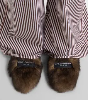 Dolce & Gabbana Logo Shearling Mules - Brown