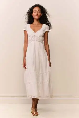 LoveShackFancy Suvi Heritage Midi Dress With Lace And V-neckline - White