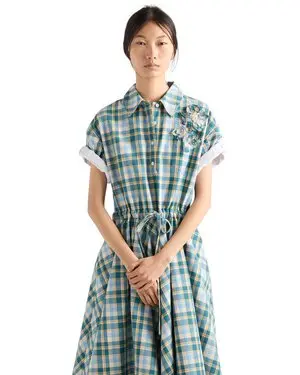 Prada Embroidered Checked Cotton Dress - Neutral