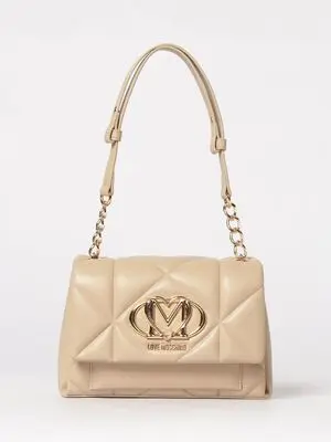 Moschino Quilted Shoulder Bag With Gold Tone Logo - Beige