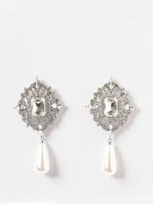 SELF-PORTRAIT Embellished Drop Earrings With Crystal And Pearl Detail - Silver