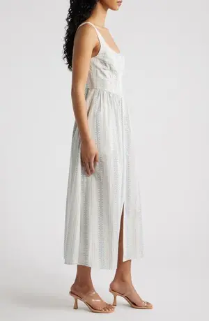 LoveShackFancy Majory Floral Stripe Cotton Dress - Cinched Blue